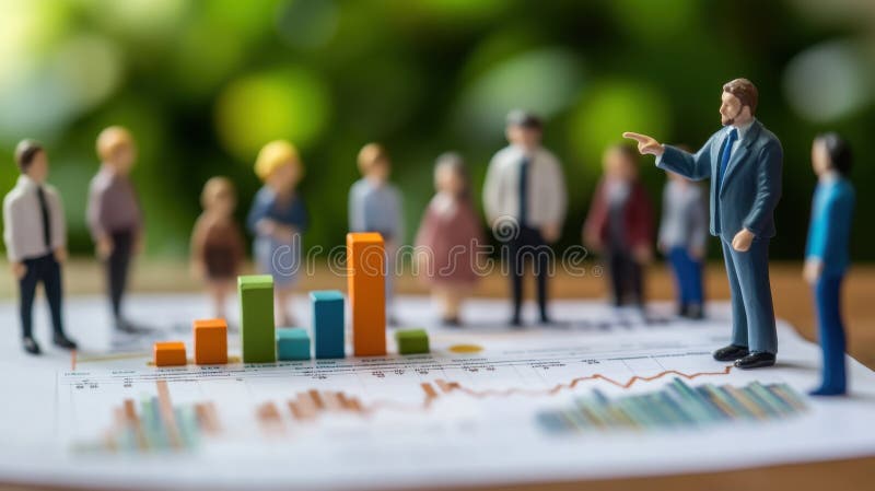 Business Presentation with Miniature Figures and Charts on Table Stock ...