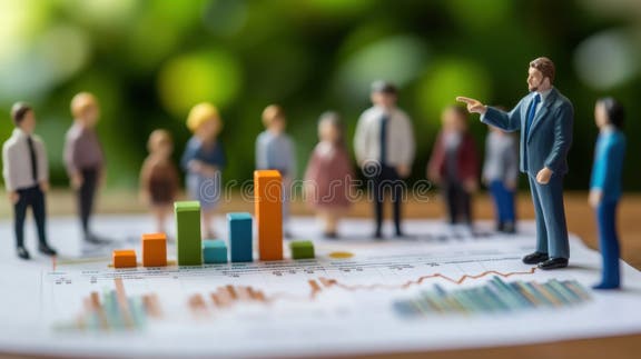 Business Presentation with Miniature Figures and Charts on Table Stock ...