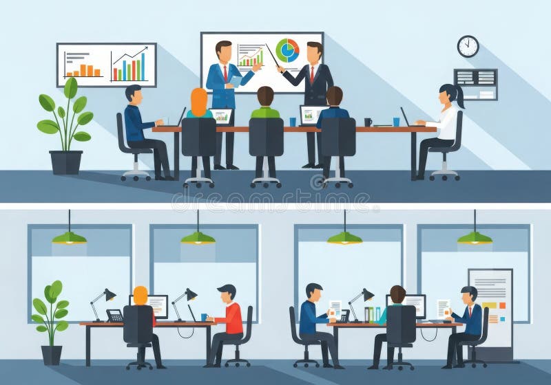 A Flat Illustration of Business Presentation and Office Workspace ...