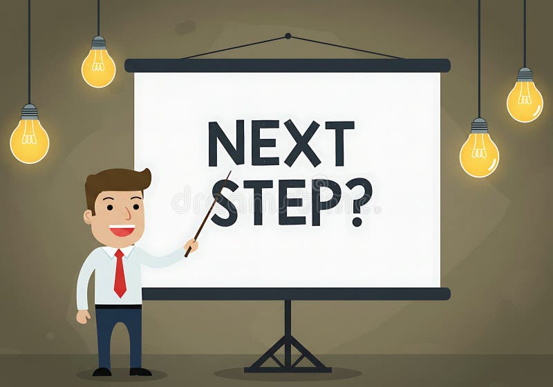 Business Presenter Pointing Screen Emphasizing the Next Important Step ...