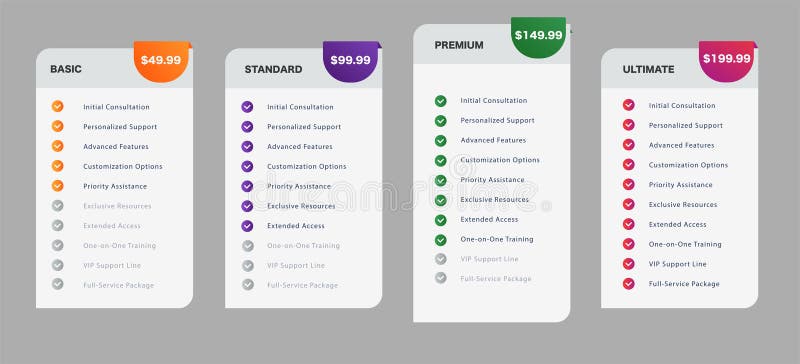 Business Pricing Table with 4 Plans. Vector Illustration Stock Vector ...