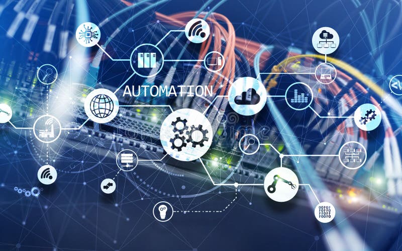 Business Process Automation Concept on Blurred Network Cabinets. New ...
