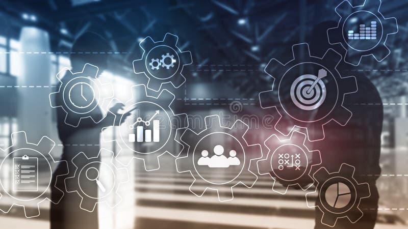 Business Process Automation Concept. Gears And Icons On Abstract ...