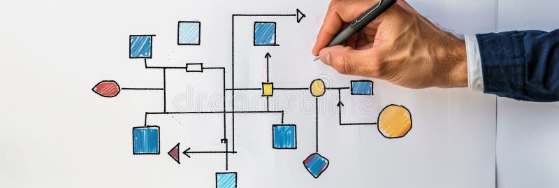Business Process Flowchart with Hand Drawing on Whiteboard a Hand is ... Business Process Flowchart with Hand Drawing on Whiteboard a Hand is ...