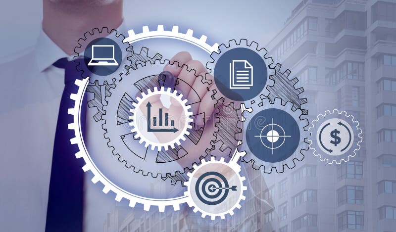 Business Process. Man Touching Virtual Screen with Different Icons ...