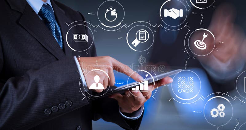 Businessman Success Working Computer Touch Screen with His Team Stock ...