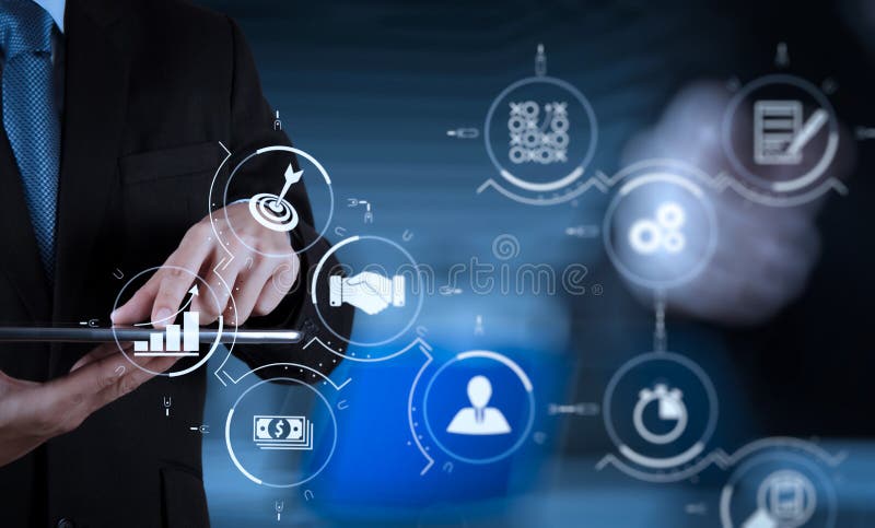 Businessman Success Working Computer Touch Screen with His Team Stock ...