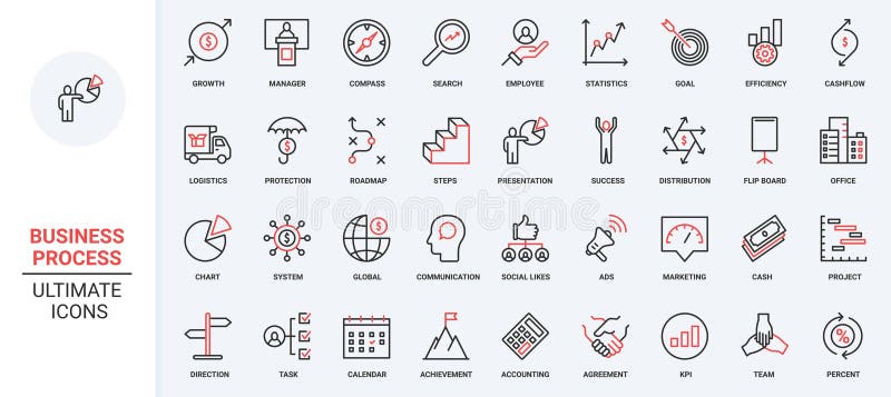 Business Process Red Black Thin Line Icons Set, Technology of Effective ...