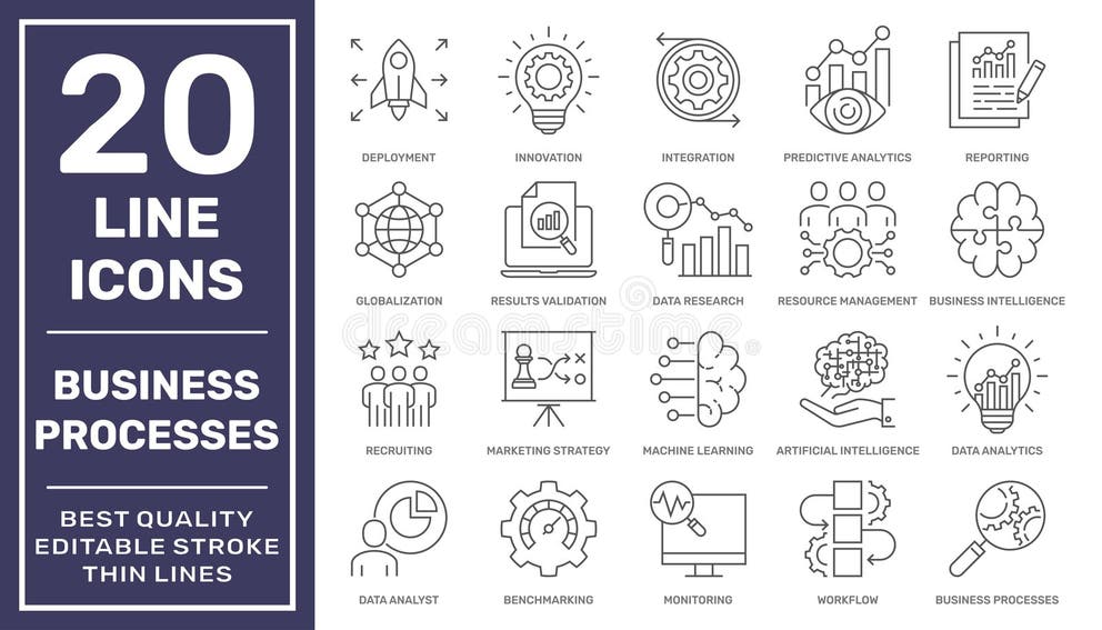 Business Processes and Smart Business. Thin Line Vector Icon Set. Pixel ...