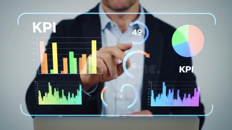 Business Professional Analyzes Bright Digital Charts Data Streams ...