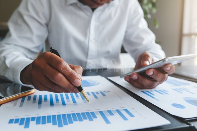 Business Professional Analyzing Blue Themed Bar Chart with Pen, Modern ...
