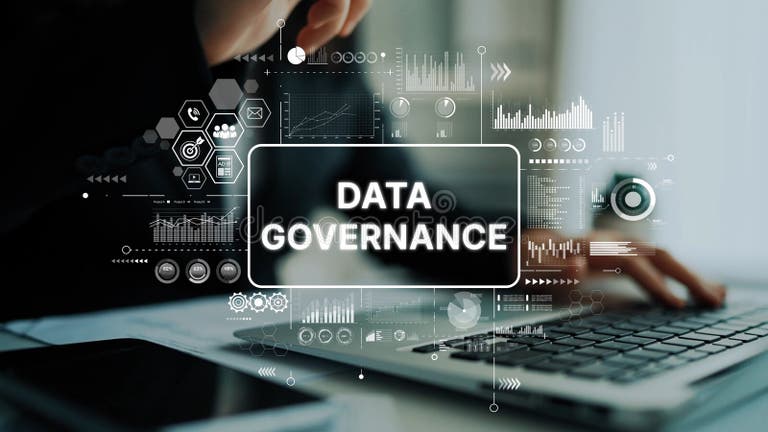 Business Professional Analyzing Data Governance with Digital Graphs and Technology Elements in ...