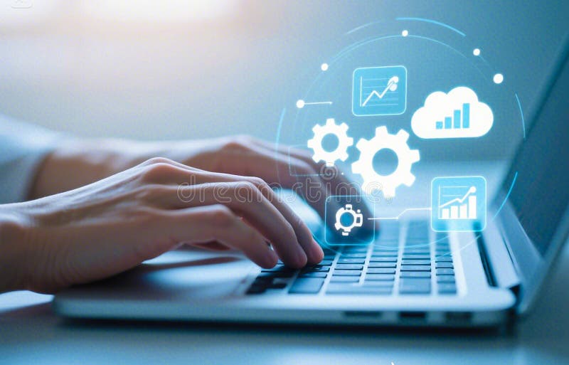 Businessman Working Laptop Network People Icons Representing Online Communication Connection ...