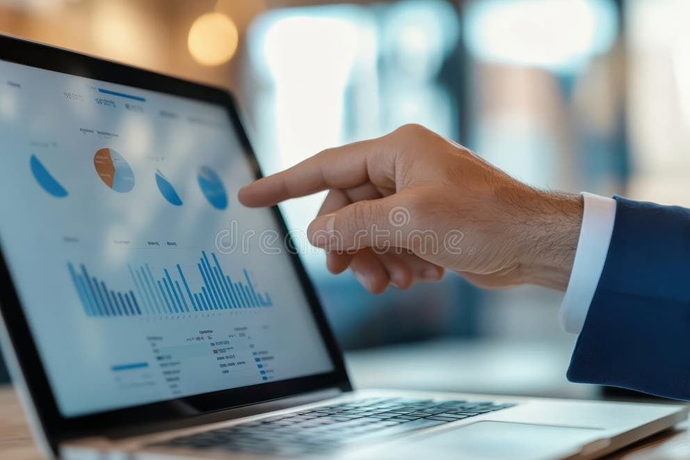 A Business Professional Analyzing Data on a Laptop Screen with Graphs ...
