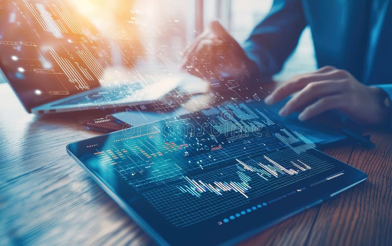 Business Professional Analyzing Data on a Tablet while Working on a ...