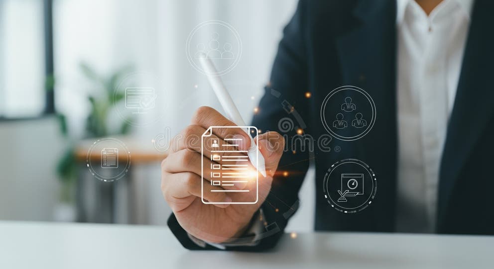 Business Professional Analyzing Digital Documents with Interactive ...