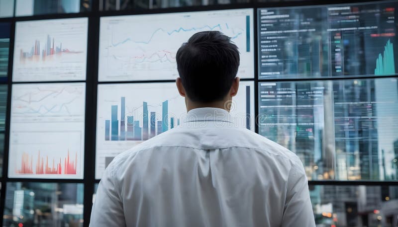 Business Professional Analyzing Financial Data on Multiple Screens in Modern Office Stock Photo ...