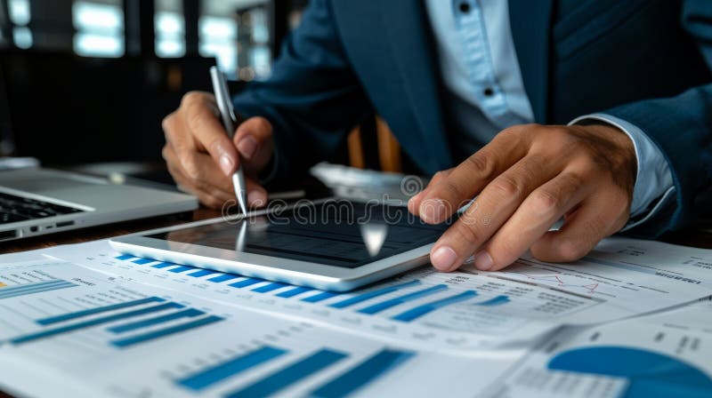 Business Professional Analyzing Financial Data on a Tablet with Charts ...