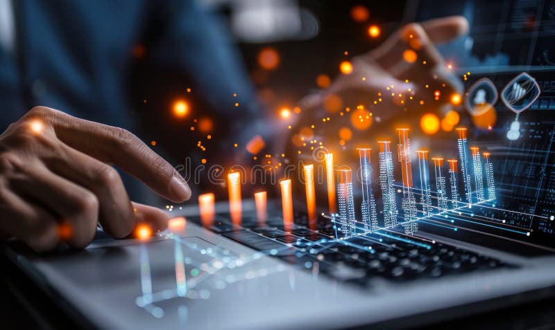 Business Professional Analyzing Financial Growth on Laptop with Virtual ...