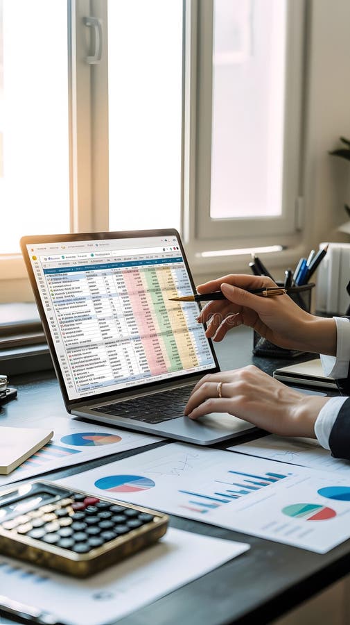 Business Professional Analyzing Financial Spreadsheets on a Laptop Computer with Charts Stock ...