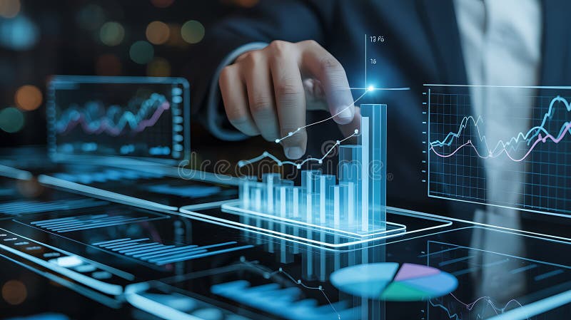 Business Professional Analyzing Glowing Financial Data Charts on a Futuristic Interface Stock ...