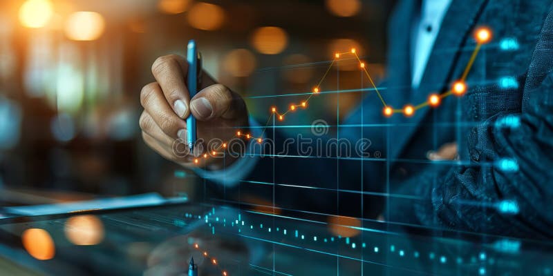 Business Professional Analyzing a Rising Graph on a Digital Screen with ...