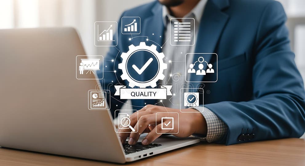 Business Professional Assessing Product Quality and Performance Using a ...