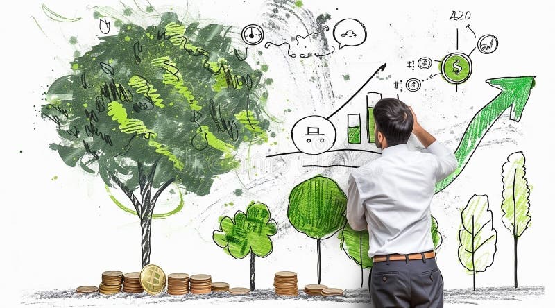 A Business Professional is Drawing Charts with Green Trees, Sustainable ...