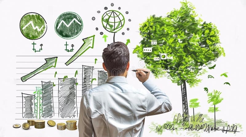 A Business Professional is Drawing Charts with Green Trees, Sustainable ...