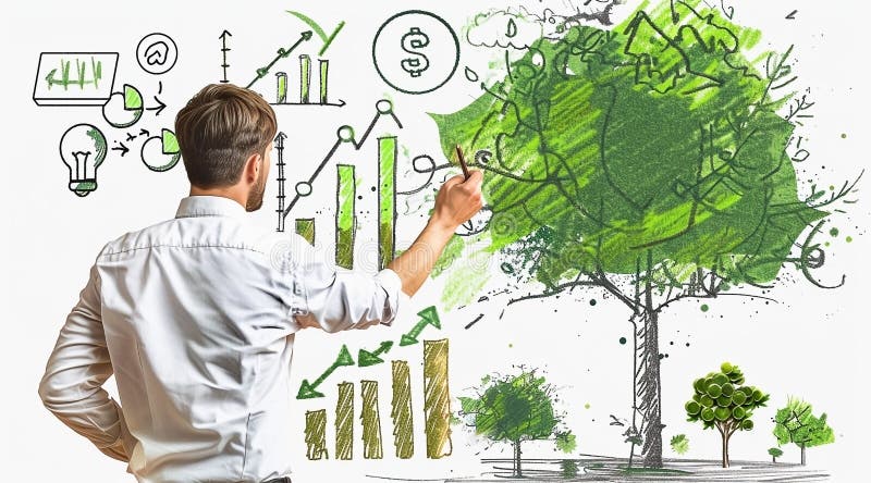 A Business Professional is Drawing Charts with Green Trees, Sustainable ...