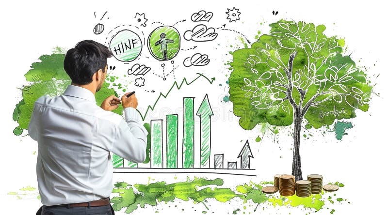 A Business Professional is Drawing Charts with Green Trees, Sustainable ...