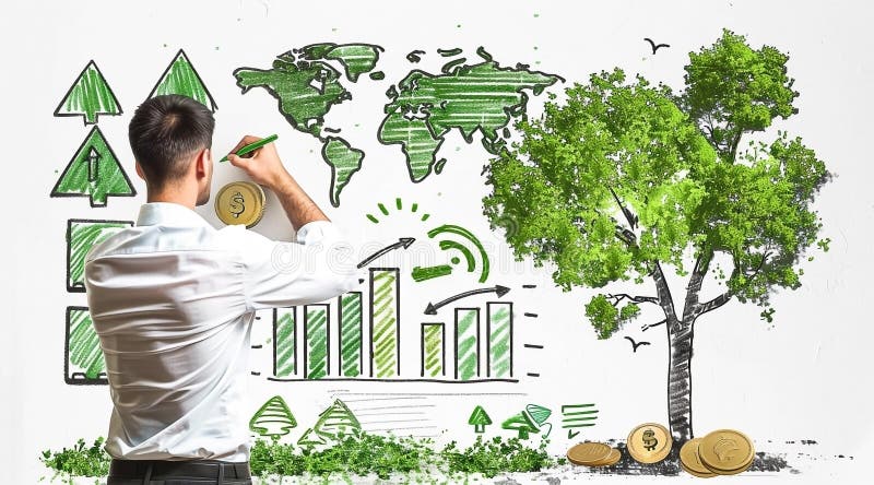 A Business Professional is Drawing Charts with Green Trees, Sustainable ...