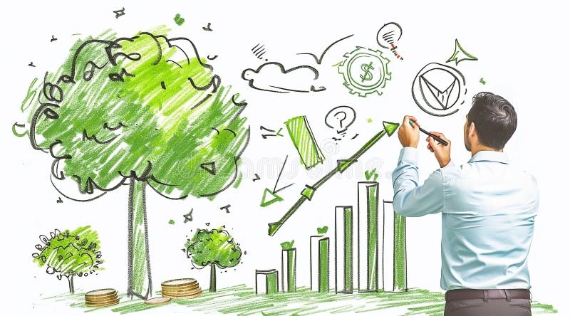 A Business Professional is Drawing Charts with Green Trees, Sustainable ...