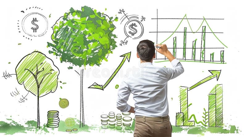 A Business Professional is Drawing Charts with Green Trees, Sustainable ...