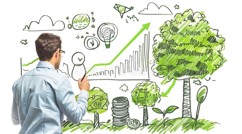 A Business Professional is Drawing Charts with Green Trees, Sustainable ...