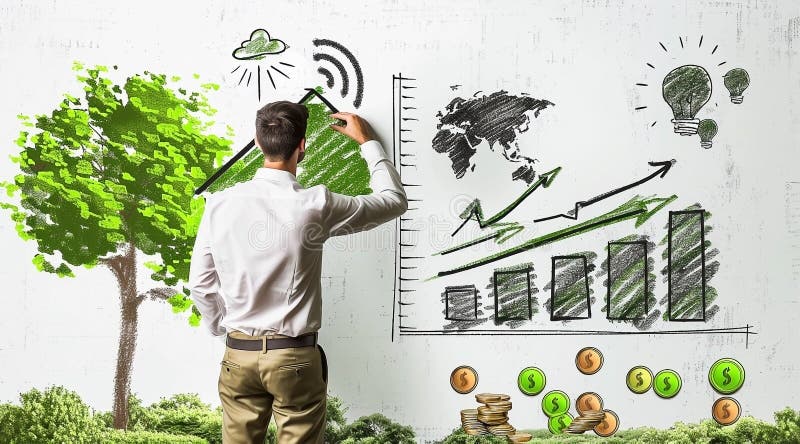 A Business Professional is Drawing Charts with Green Trees, Sustainable ...