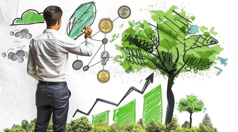 A Business Professional is Drawing Charts with Green Trees, Sustainable ...