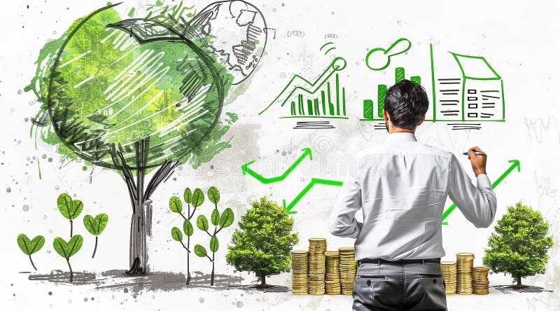 A Business Professional is Drawing Charts with Green Trees, Sustainable ...