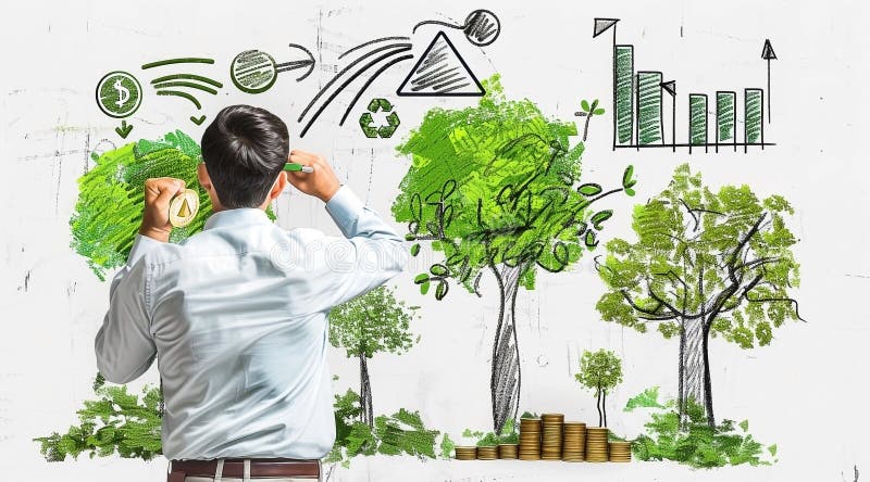 A Business Professional is Drawing Charts with Green Trees, Sustainable ...
