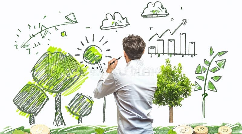 A Business Professional is Drawing Charts with Green Trees, Sustainable ...
