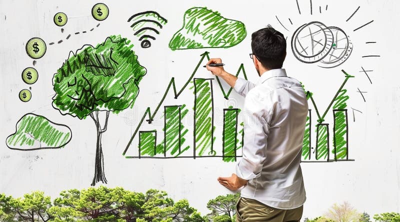 A Business Professional is Drawing Charts with Green Trees, Sustainable ...