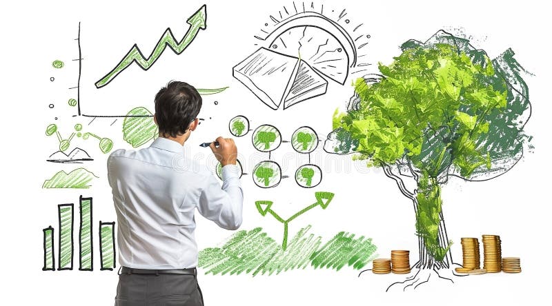 A Business Professional is Drawing Charts with Green Trees, Sustainable ...