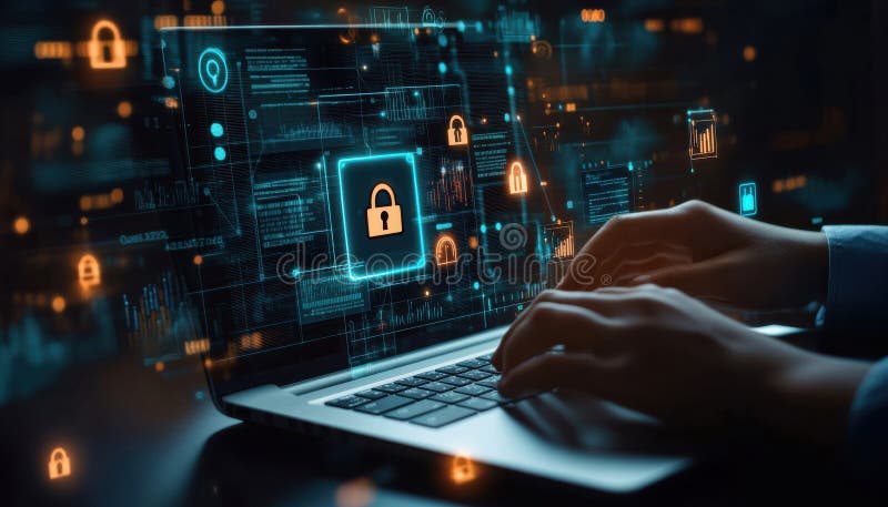 Business Professional Using a Laptop with Security Interface, Focusing ...
