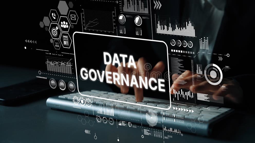 Business Professional Engaging in Data Governance with Digital Graphics and Analytics ...