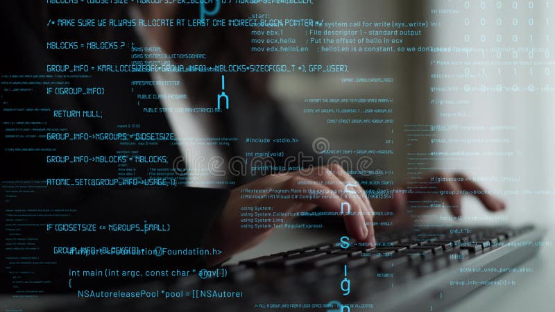 Business Professional Typing Code on Keyboard Surrounded by Floating ...