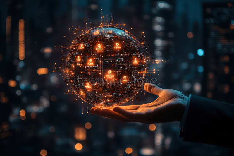 Business Professional Holding Digital HR Sphere with Holographic ...