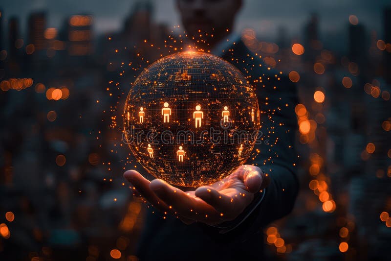 Business Professional Holding Digital HR Sphere with Holographic ...
