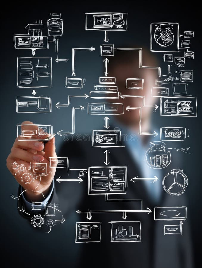 Business Professional Illustrating a Complex Flowchart on a Virtual ...