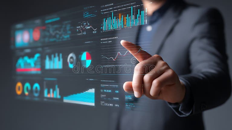 Business Professional Interacting with Advanced Data Visualization on a ...