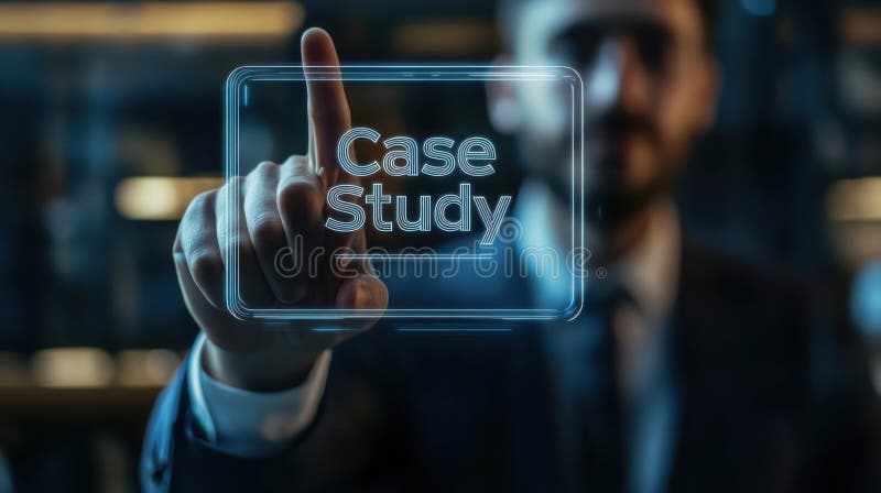 Business Professional Interacting with Digital Case Study Display in Modern Office Setting Stock ...